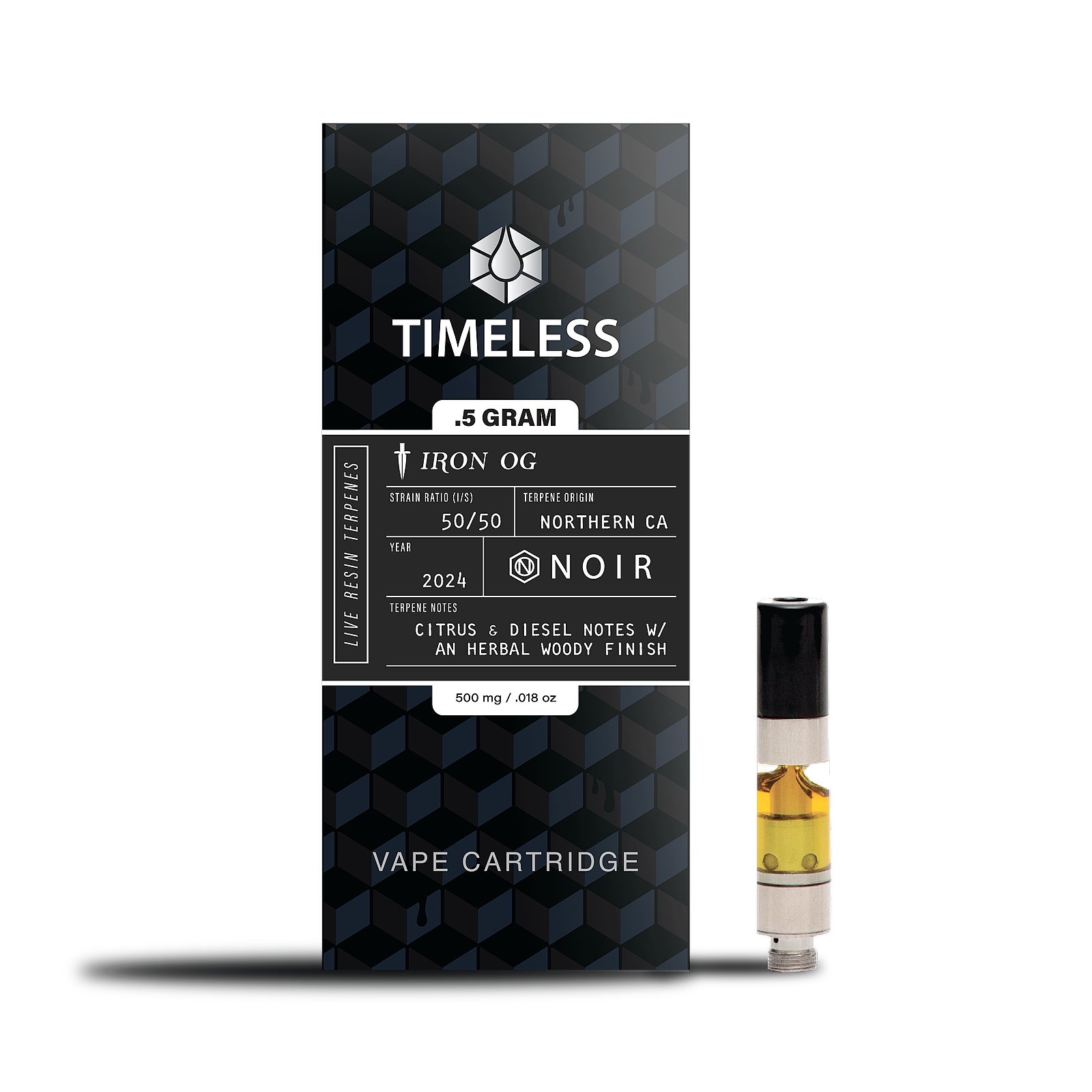 Timeless Vapes: Noir Iron OG 500mg Vape Cartridge (Live Resin) | Leafly