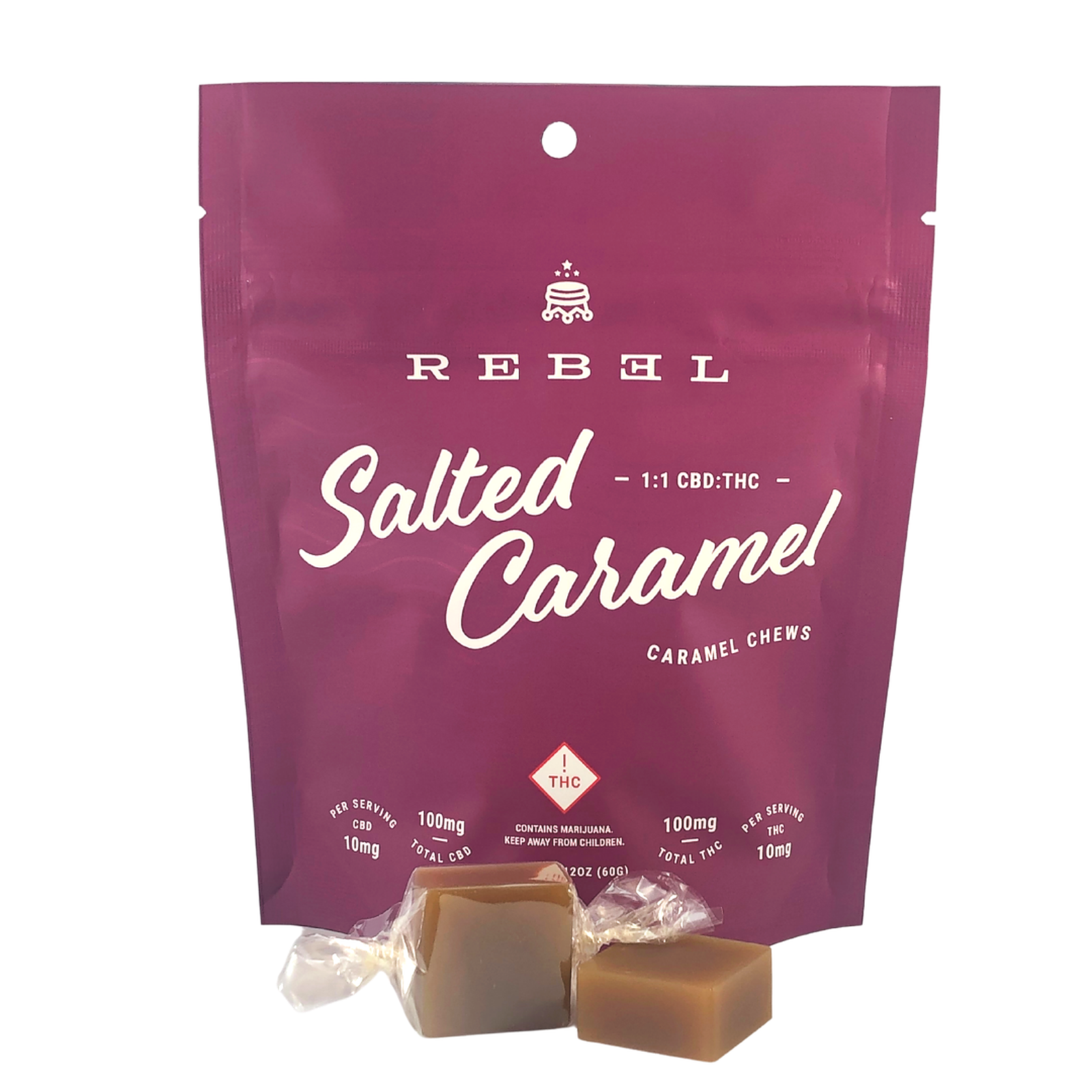 Rebel Edibles: 1:1 CBD Salted Caramel [10 pk] (100mg CBD, 100mg THC ...