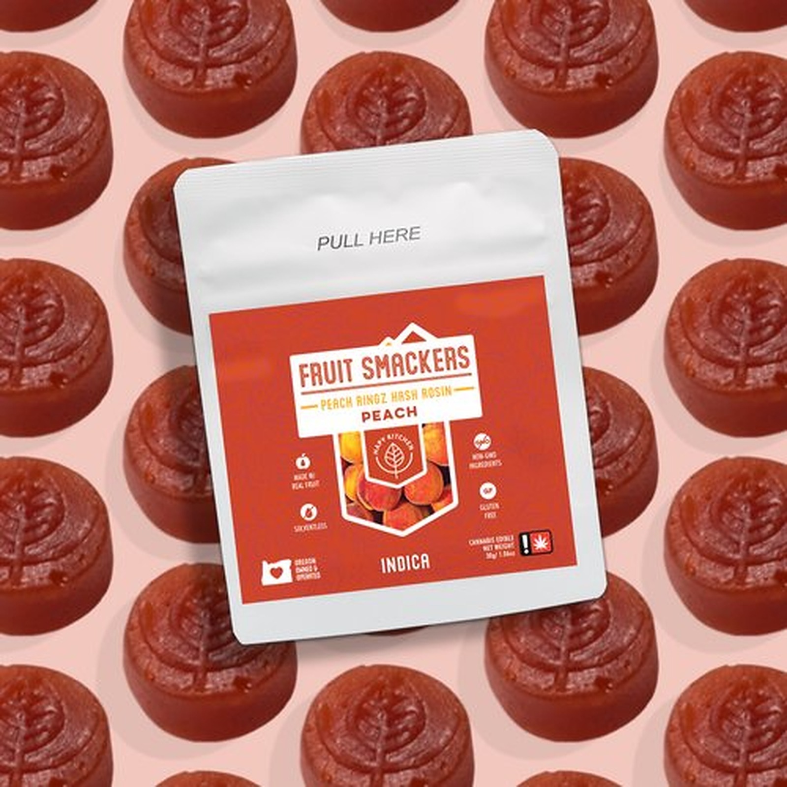 Hapy Kitchen: 100mg Fruit Smacker 10pk - Peach (Peach Ringz Hash Rosin) - Indica | Leafly