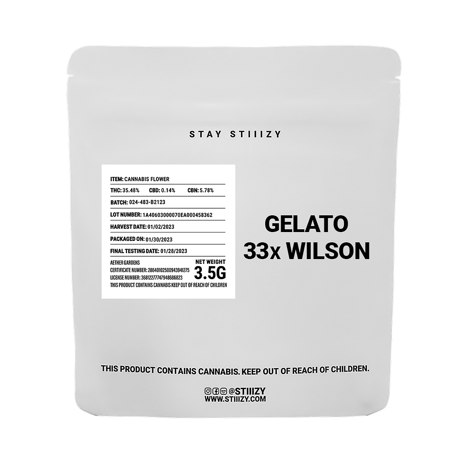 STIIIZY: GELATO 33X WILSON - WHITE LABEL 3.5G | Leafly