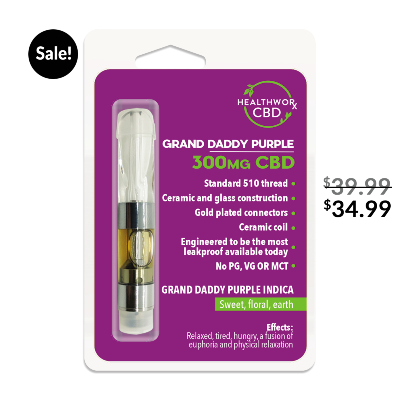 HealthworxCBD: GrandDaddy Purple 300mg CBD Vaporizer Pen Cartridge | Leafly
