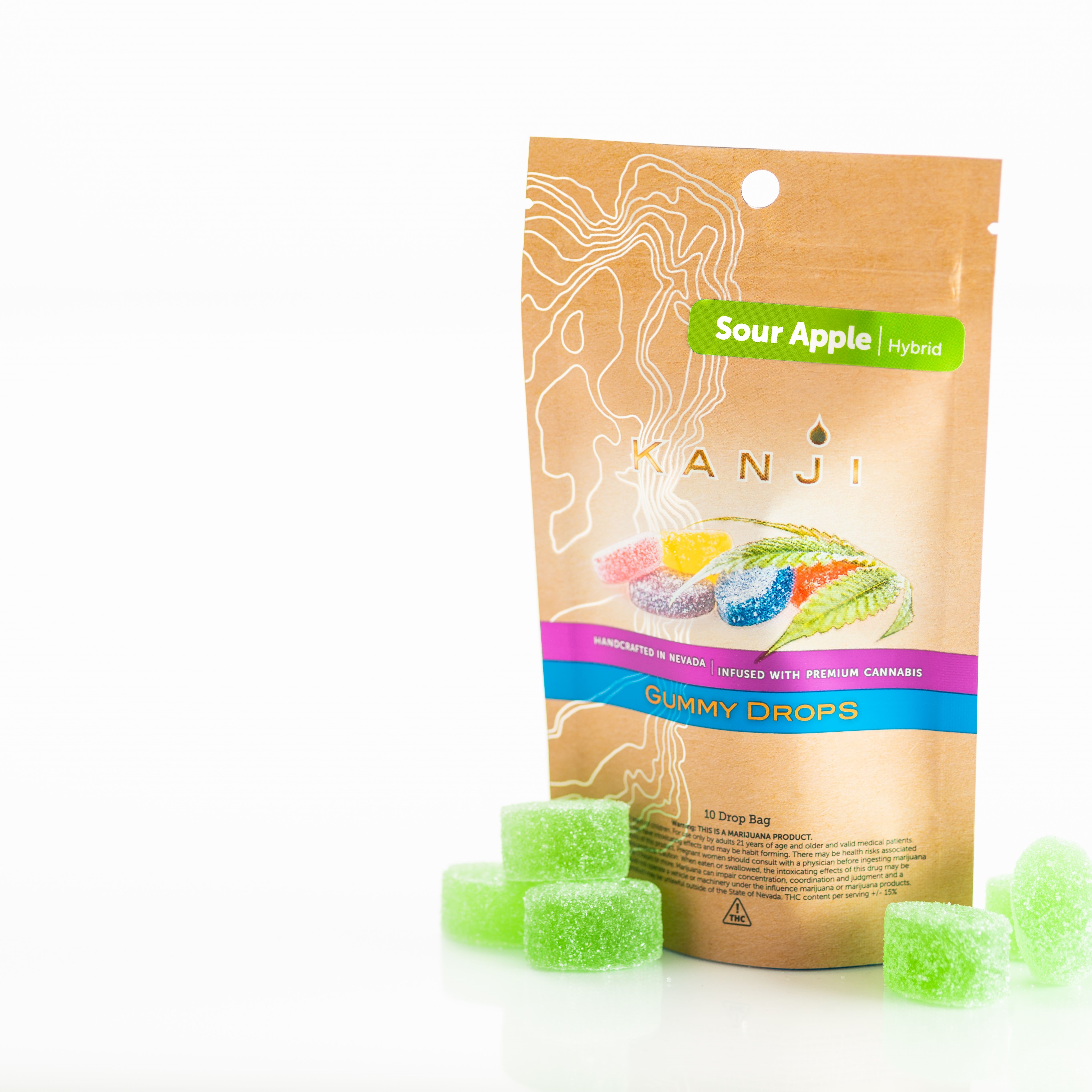 Kanji Cannabis: Sour Apple Gummy Drops - Hybrid 100mg | Leafly