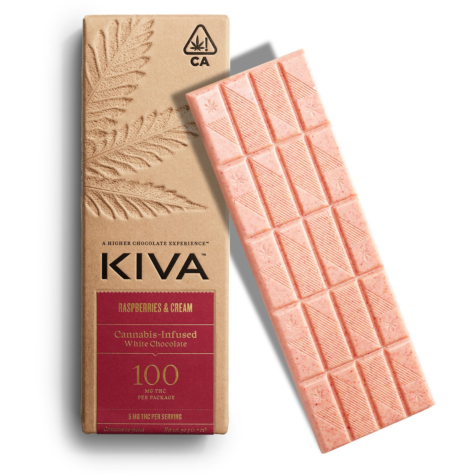 Kiva: 5mg Kiva 'Raspberries & Cream' White Chocolate Bar 100mg THC ...