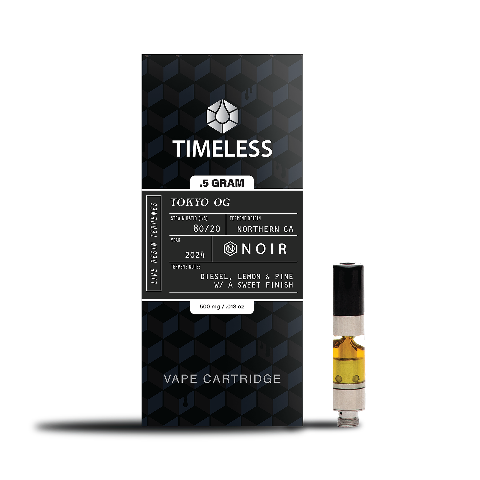 Timeless Vapes: Noir Tokyo OG 500mg Vape Cartridge (Live Resin) | Leafly