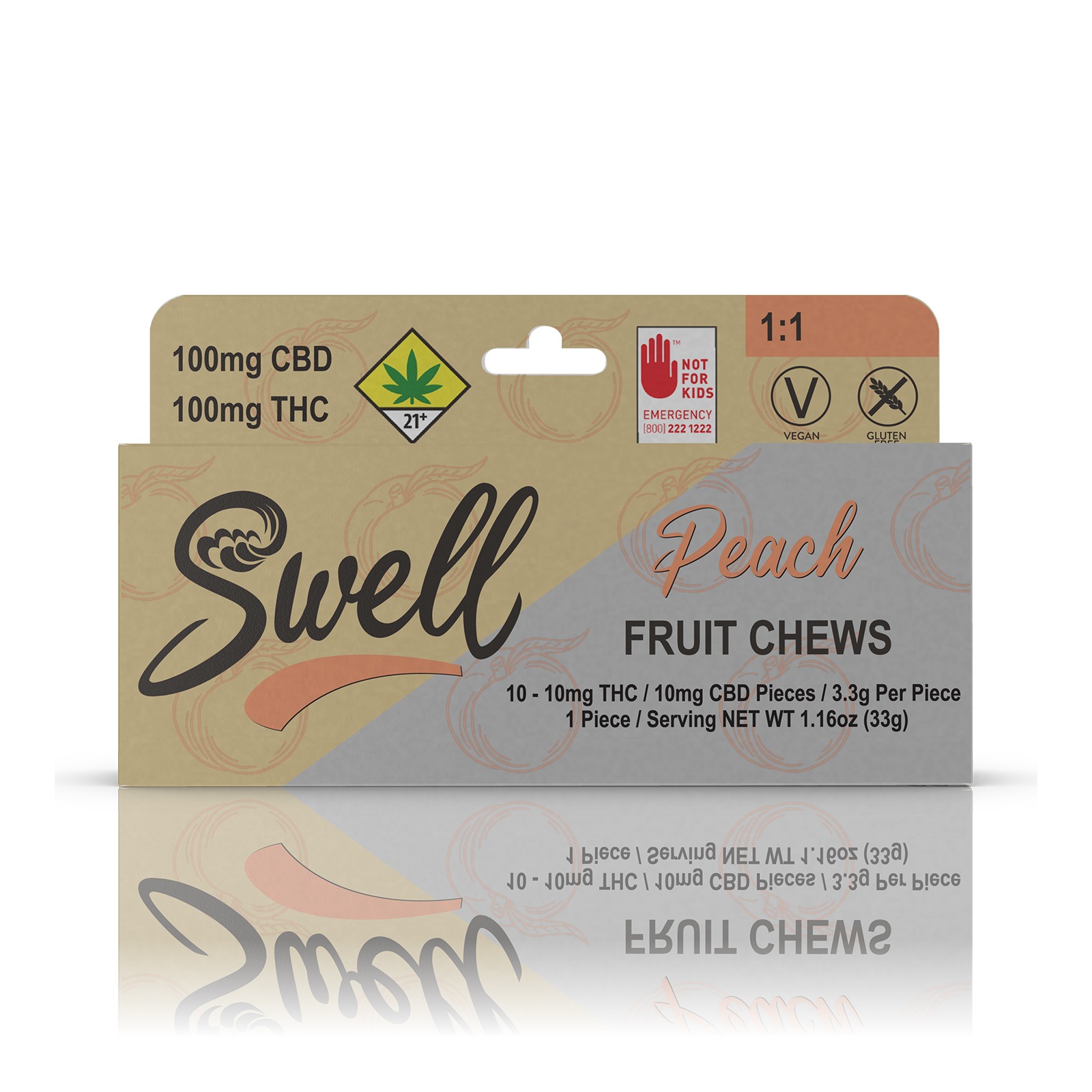 Swell Cannabis: 1:1 CBD/Hybrid Peach Fruit Chews 200mg 10-pack | Leafly