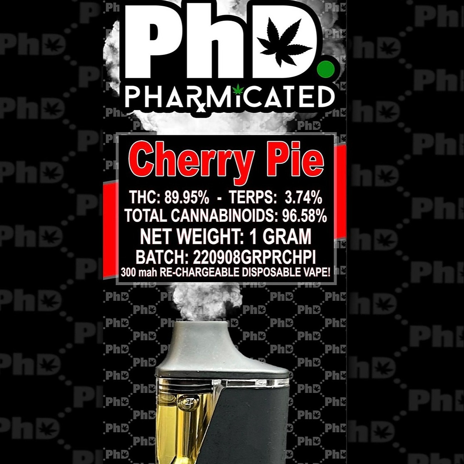 Pharmicated: PhD Disposable D9 Vape Cart- 1000 mg - Cherry Pie | Leafly